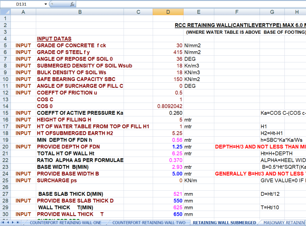 Retaining Wall Design Excel Sheet with Shortcut Key’s (Based on IS Code ...